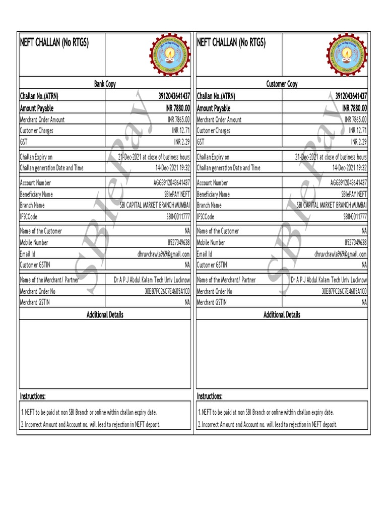 SBIePay NEFT Challan Details | PDF | Financial Services | Banking ...