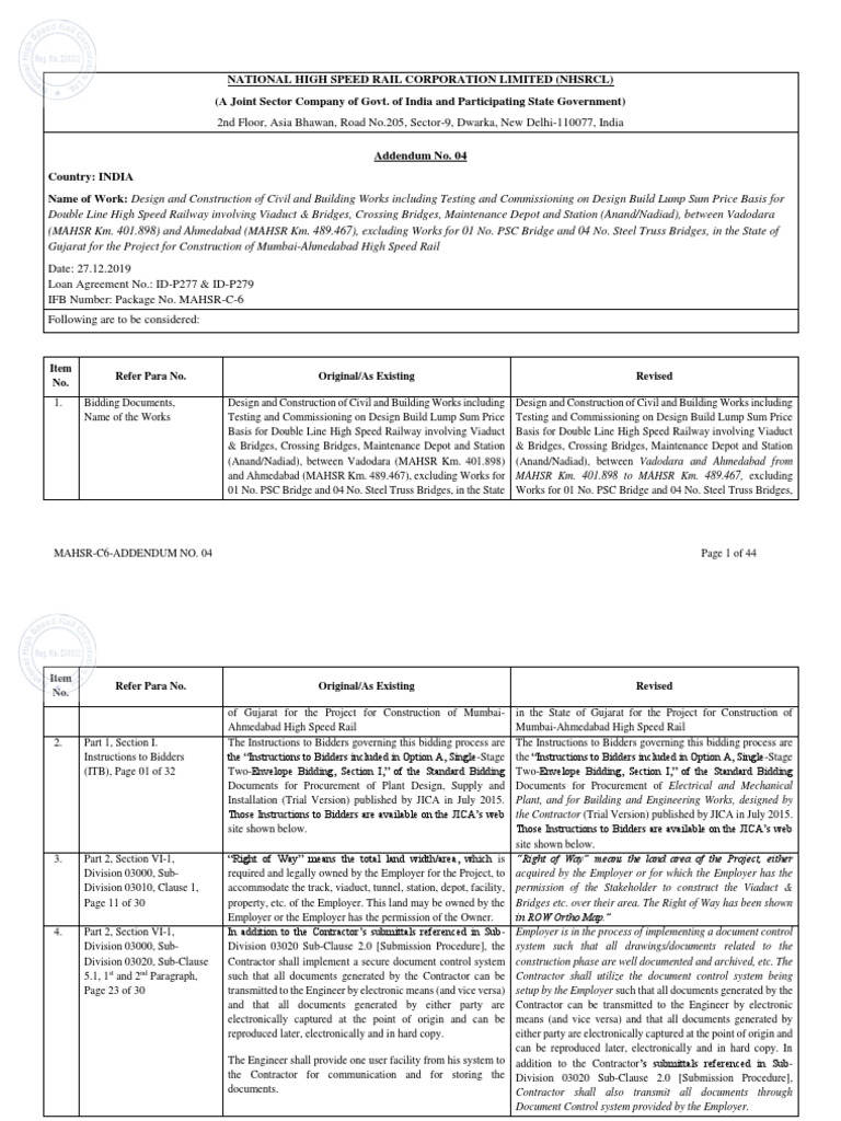 MAHSR C6 Addendum 4 27122019 | PDF | Economic Sectors | Civil Engineering