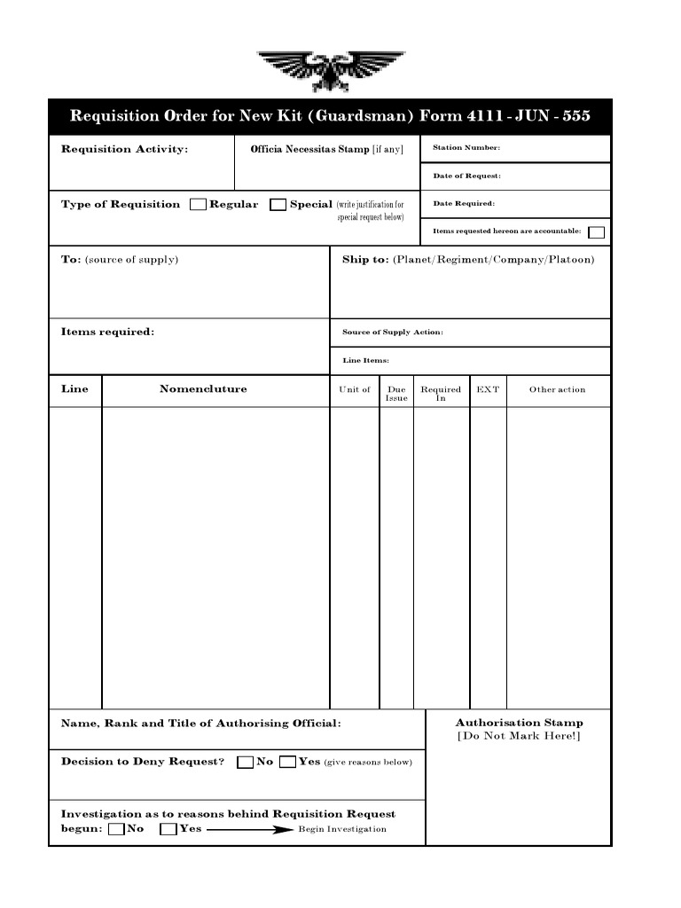 Requisition Order For New Kit (Guardsman) Form 4111-JUN - 555 | PDF