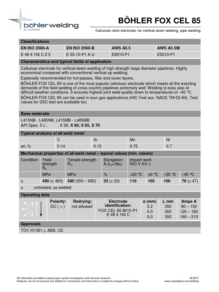 Böhler Fox Cel 85: Cellulosic Stick Electrode, For Vertical-Down ...