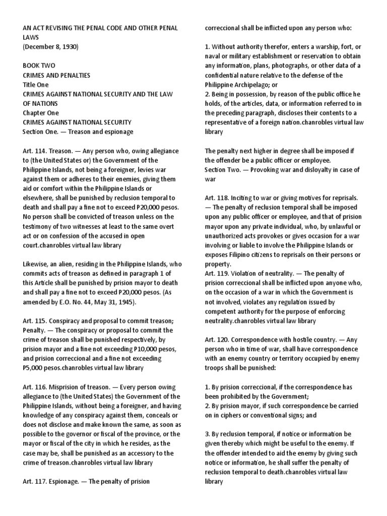 Revising The Penal Code And Other Penal Laws Crimes Against National