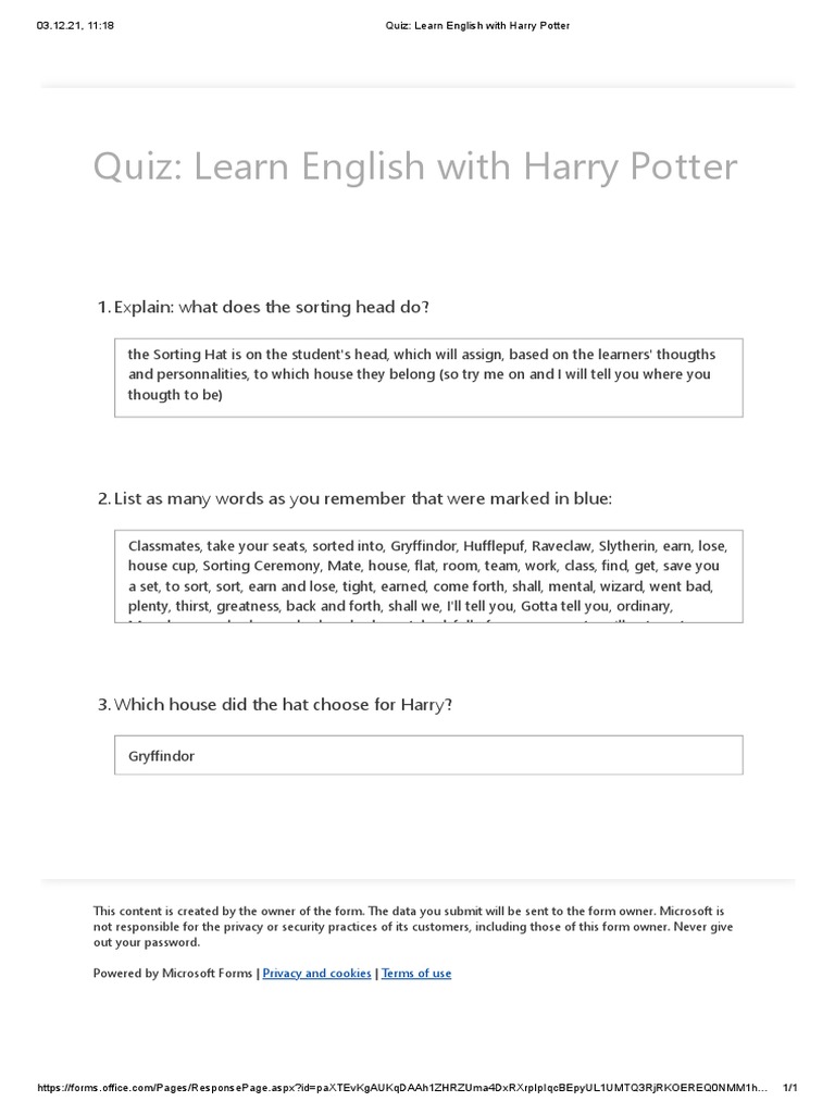 Harry Potter English Learning Quiz | PDF | Foreign Language Studies