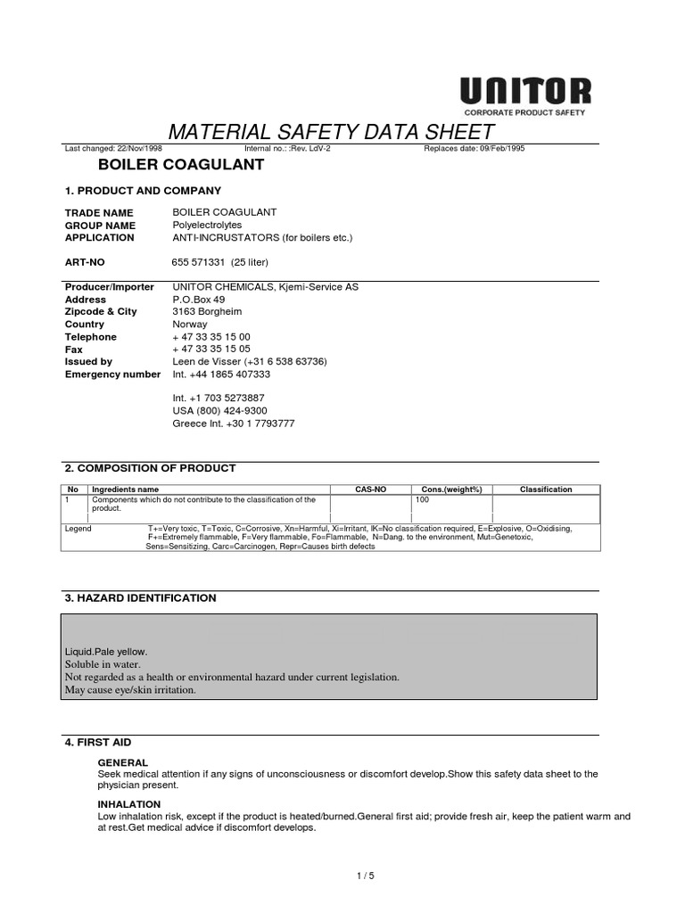 Material Safety Data Sheet: Boiler Coagulant | PDF | Water | Firefighting
