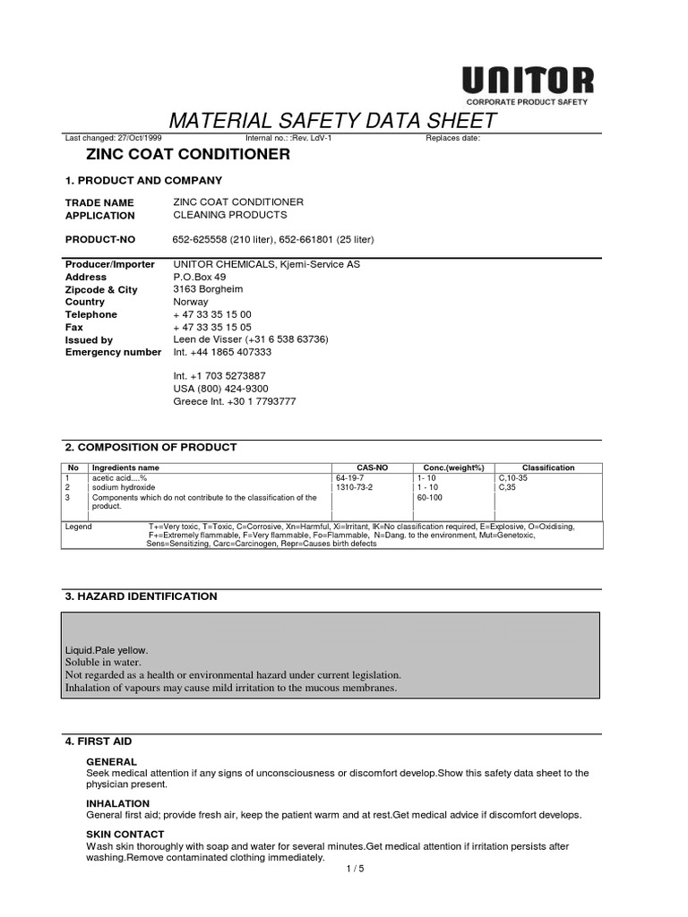 Zinc Coat Conditioner MSDS Summary | PDF | Water | Dangerous Goods