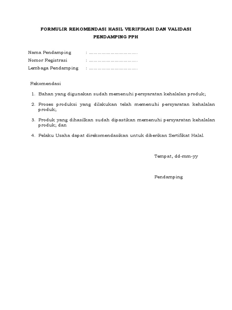 Formulir Rekomendasi Hasil Verifikasi Dan Validasi Pendamping PPH | PDF
