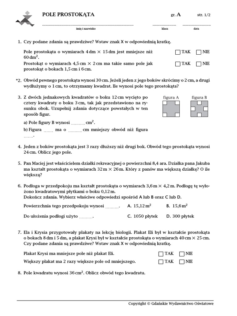 Klasa 6. Pola Wielokatow POLE PROSTOKATA | PDF