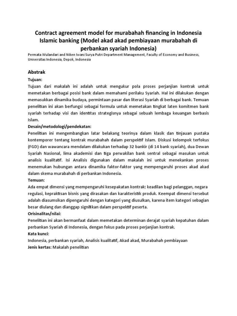 Contract Agreement Model For Murabahah Financing in Indonesia Islamic ...