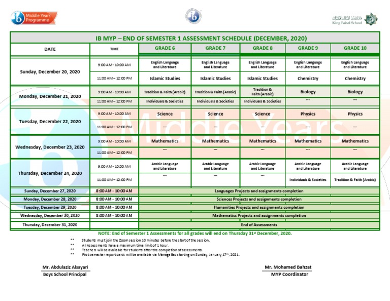 End of Semester 1 Assessment Schedule | PDF