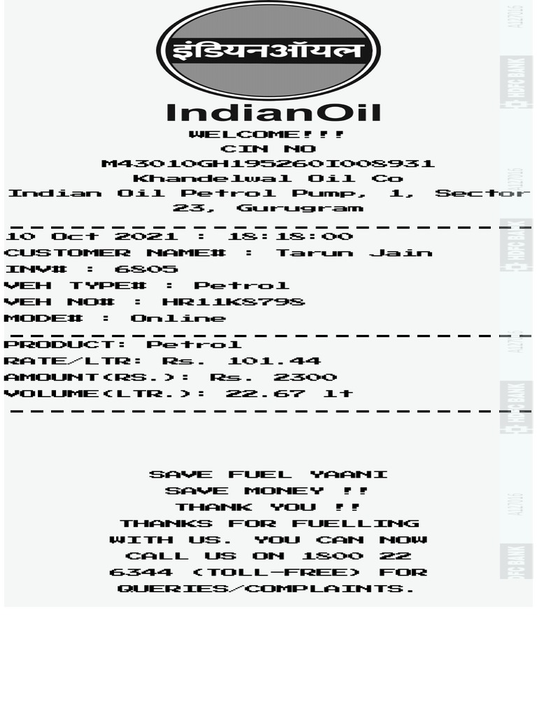 Fuel Receipt 5 | PDF