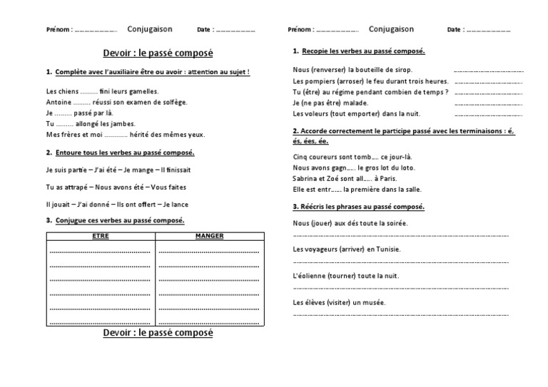 Devoir sur le passé composé en français | PDF | Morphologie ...