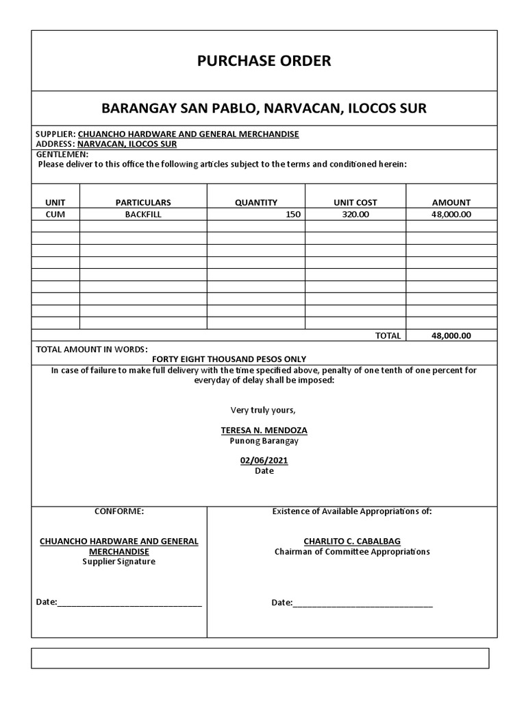 Purchase Order: Barangay San Pablo, Narvacan, Ilocos Sur | PDF | Business
