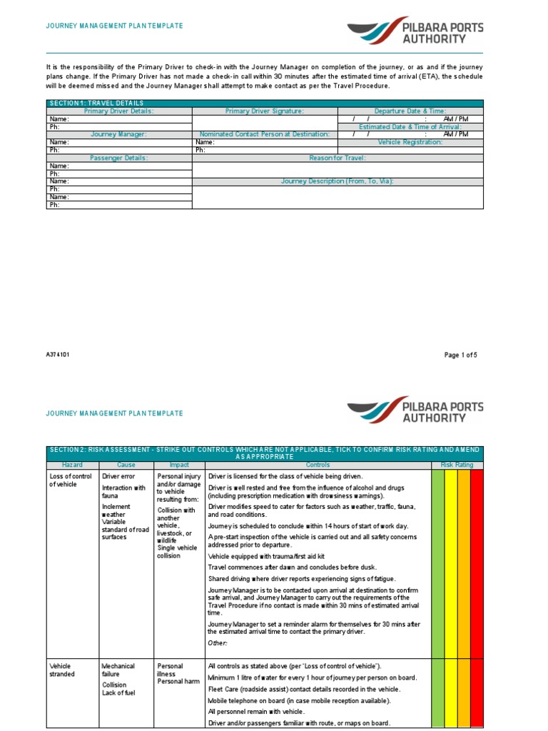 Journey Management Plan Template (A374101) | PDF | Vehicles | Risk