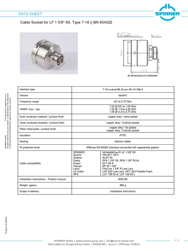 Cable Socket For LF 1 5/8"-50, Type 7-16 - BN 654322: Data Sheet | PDF ...