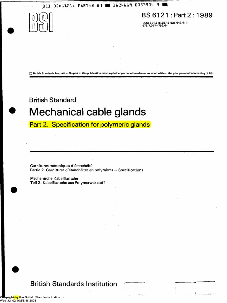 Mechanical Cable Glands: BS 6121: Part 2: 1989 | PDF | Washer (Hardware ...