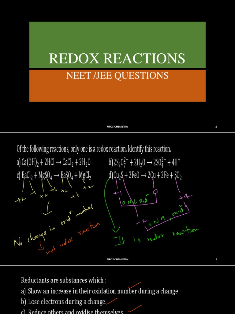 Redox Reactions: Neet /jee Questions | PDF | Redox | Chemical Process ...