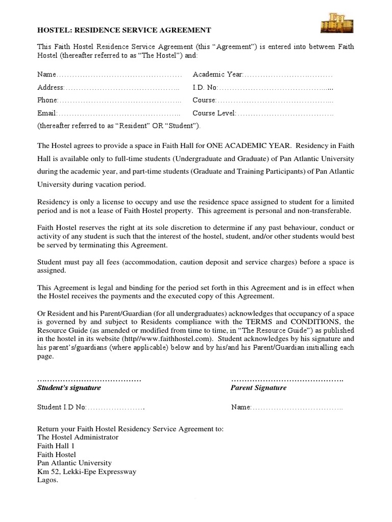 Hostel - Residence Service Agreement | Download Free PDF | Fee | Indemnity