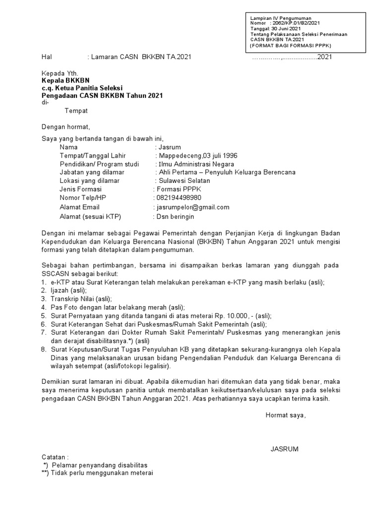 Lampiran Iv Format Surat Lamaran Dan Surat Pernyataan PPPK | PDF