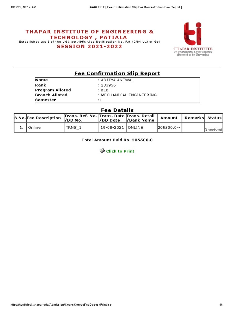 TIET (Fee Confirmation Slip For Course - Tution Fee Report) | PDF