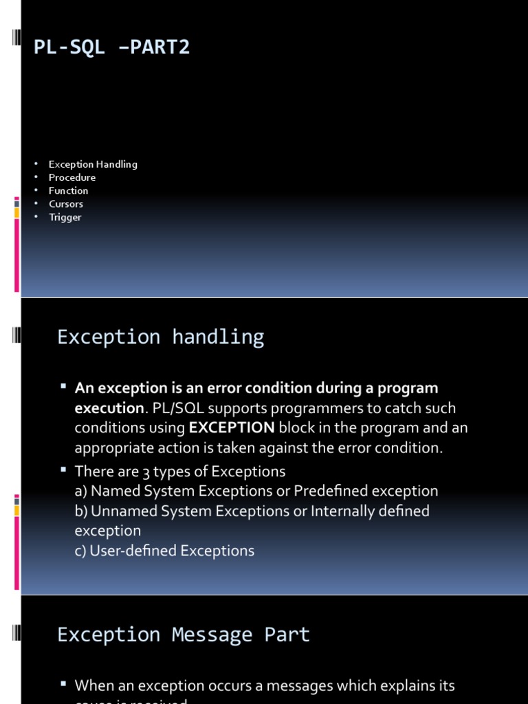 PL-SQL - Part2: Exception Handling Procedure Function Cursors Trigger | PDF | Pl/Sql | Parameter ...