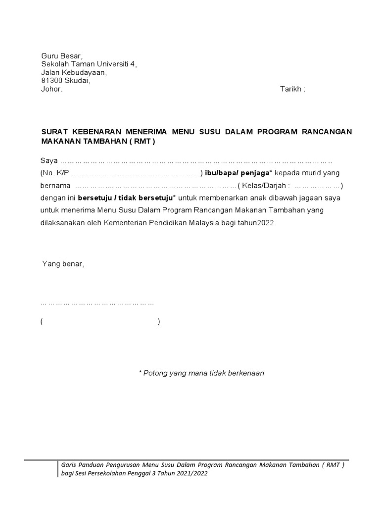 Surat Setuju Terima Susu 2022 | PDF