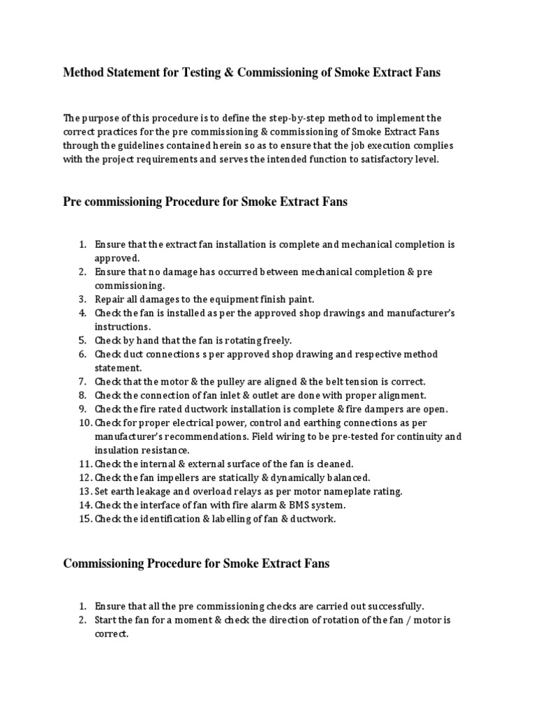 Method Statement For Testing & Commissioning of Smoke Extract Fans ...