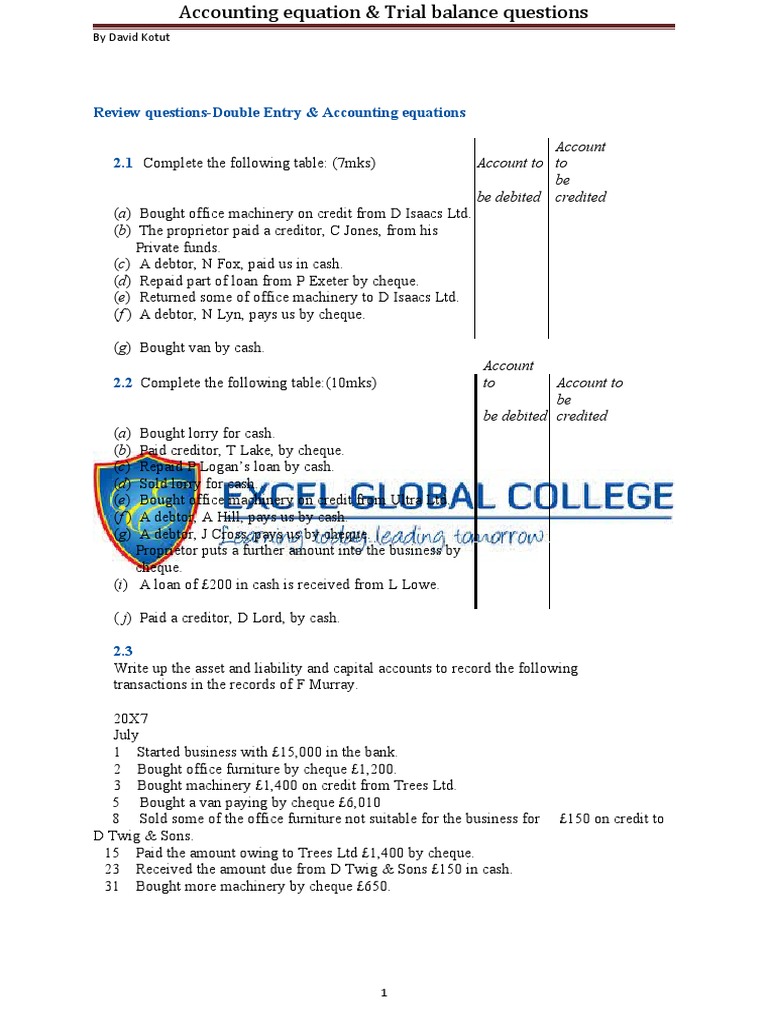 Review Questions-Accounting Equation & Trial Balance | PDF | Debits And ...
