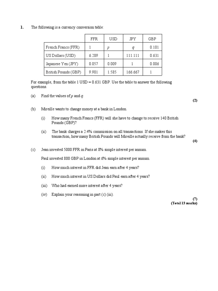 Worksheet 1 Financial Math | PDF | Pound Sterling | Japanese Yen