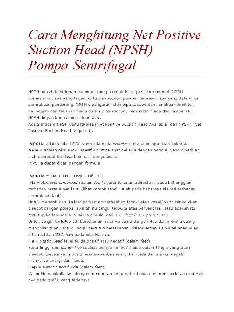 Cara Menghitung Net Positive Suction Head | PDF