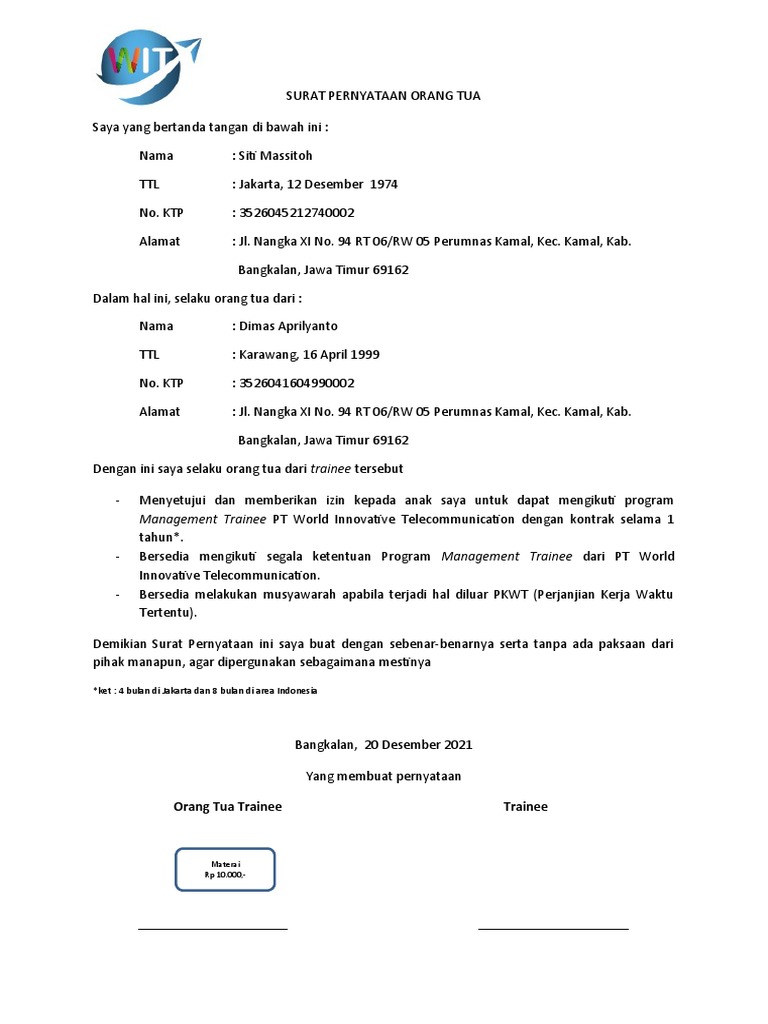 Surat Izin Orang Tua untuk Program Trainee | PDF