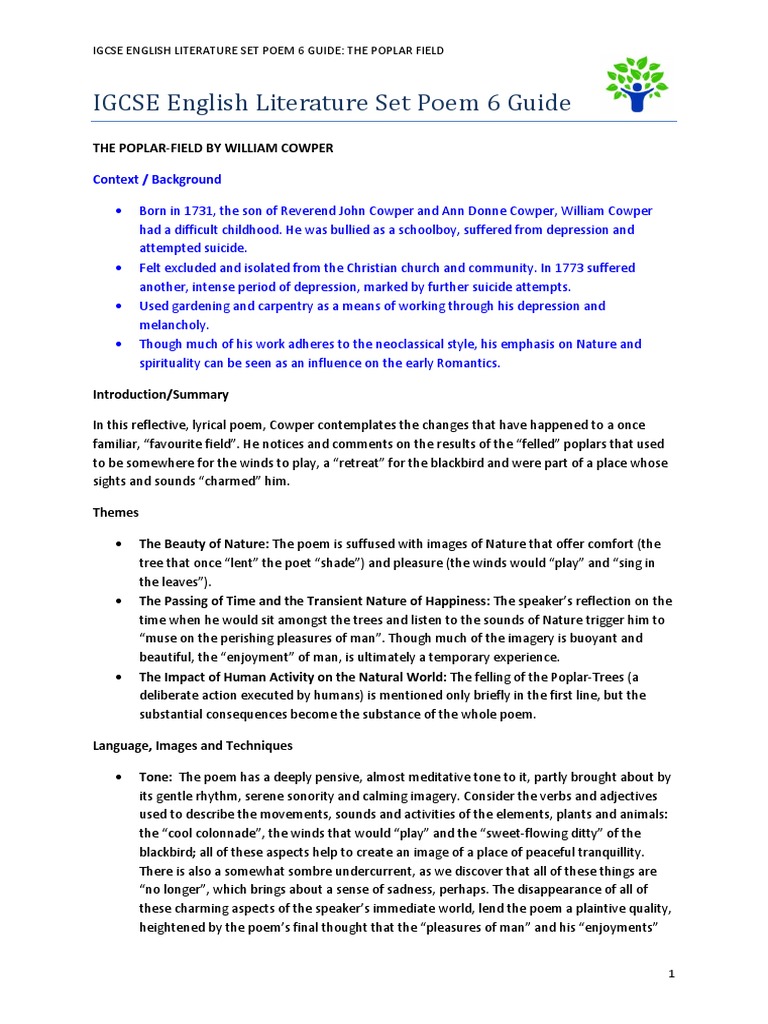 (M4.1) READ - Set Poem 6 Guide The Poplar Field | PDF | Poetry | Metre ...