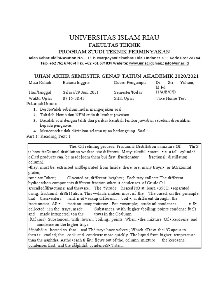 UAS Bahasa Inggris - Ilham Saputra | PDF | Distillation | Oil