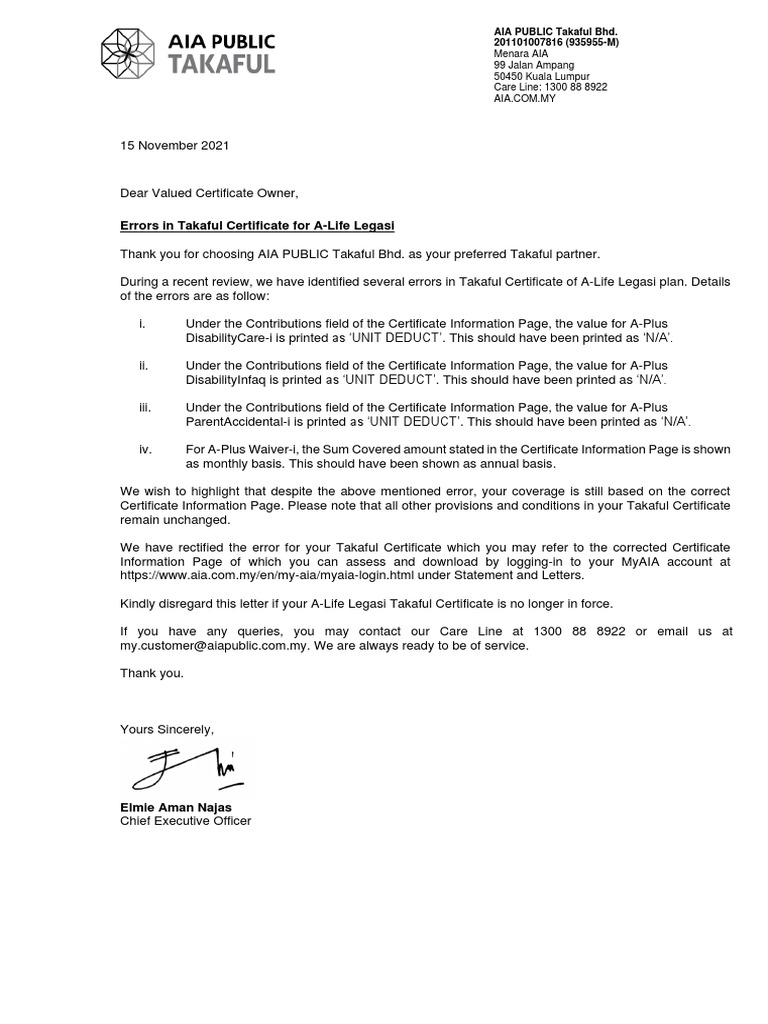 Apology Letter CIP A Life Legasi | PDF