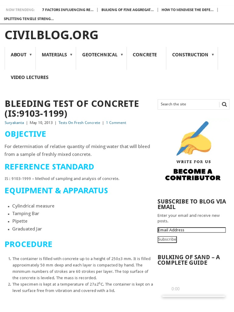 Bleeding Test of Concrete (Is - 9103-1199) | PDF | Concrete | Water