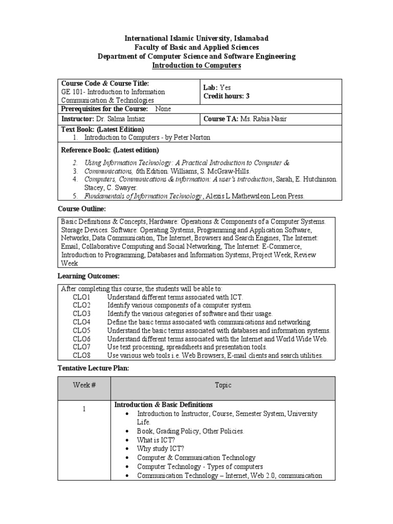 1 - Course Description & Outline - Introduction To ICT | PDF | Computer ...