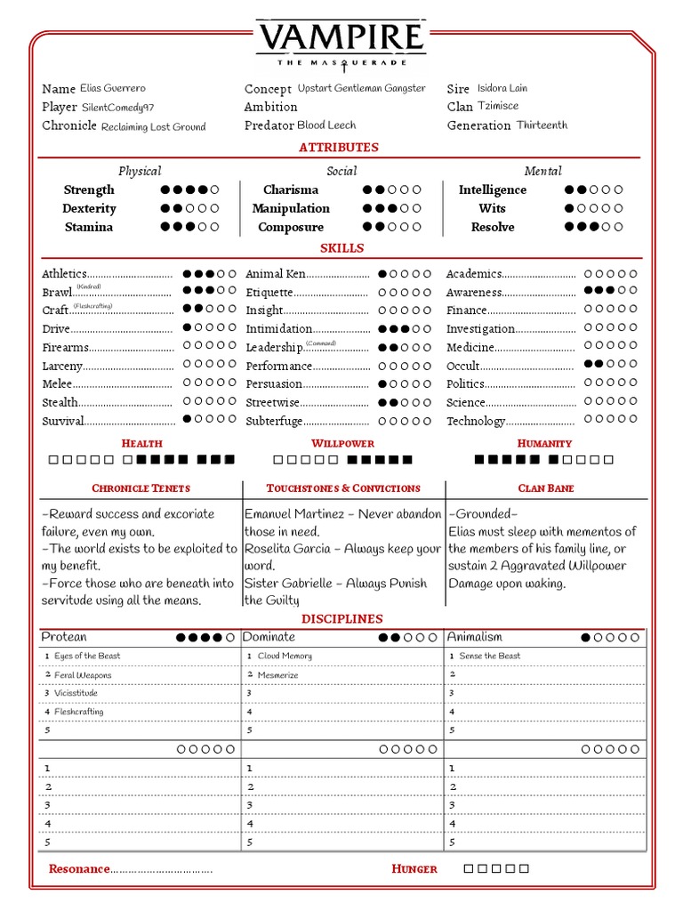 Vampire Character Sheet Template | PDF