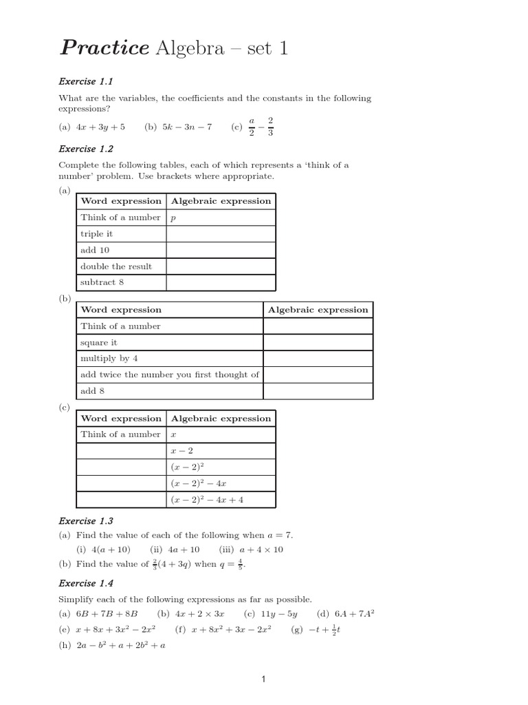 Practice Algebra - Set 1: Exercise 1.1 | PDF | Algebra | Variable ...