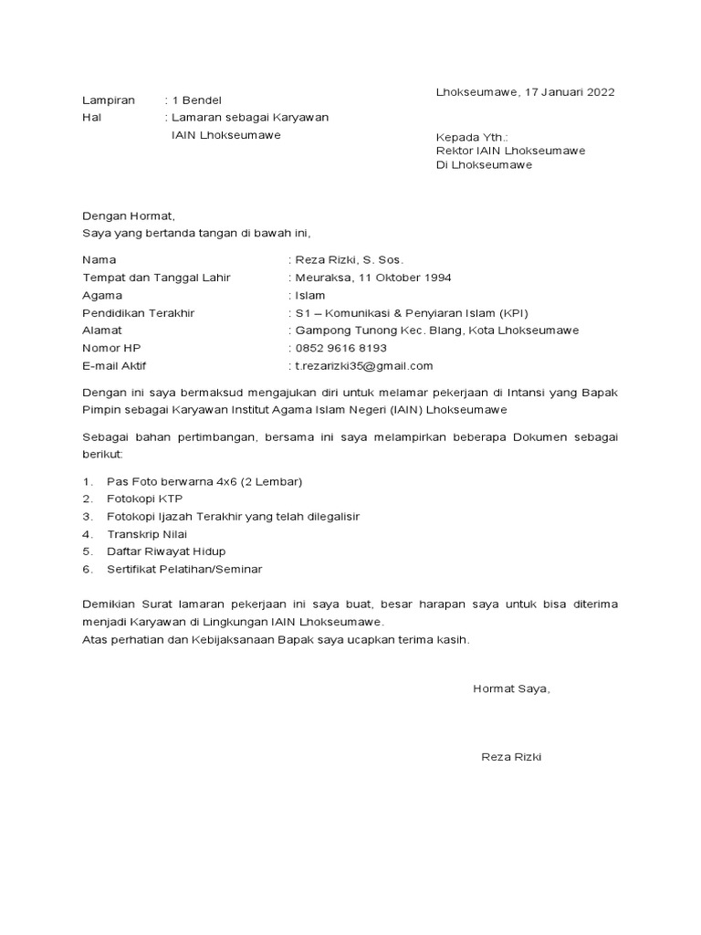 Lamaran Pekerjaan Reza Rizki di IAIN | PDF