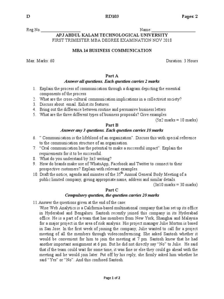 MBA Business Communication Exam Guide | PDF | Business | Communication