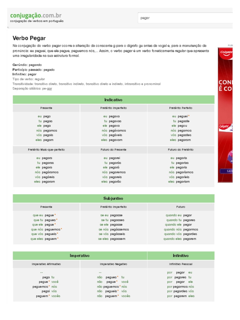 Conjugação Do Verbo Pegar - Conjugação de Verbos | PDF | Comunicação ...