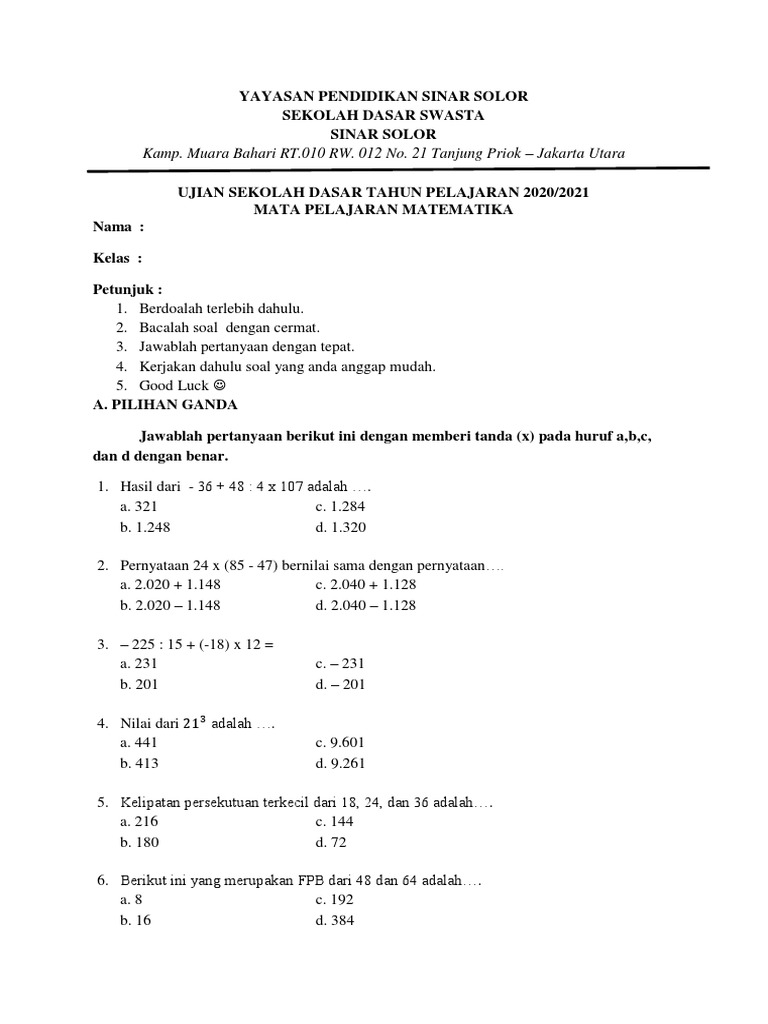 Soal Matematika Kelas 6 Revisi | PDF