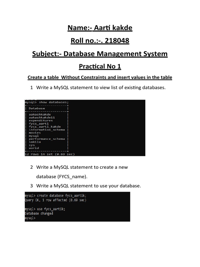 Aarti Kakde Dbms - Final - Journal | PDF | Table (Database) | Databases