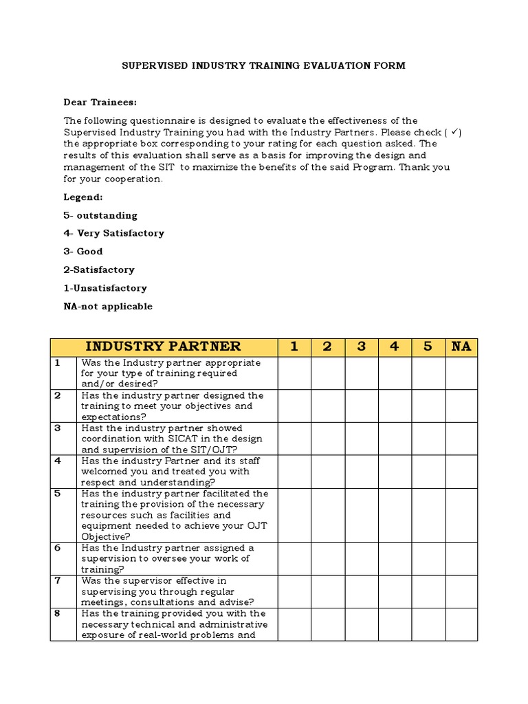 Industry Partner 1 2 3 4 5 NA: Supervised Industry Training Evaluation ...
