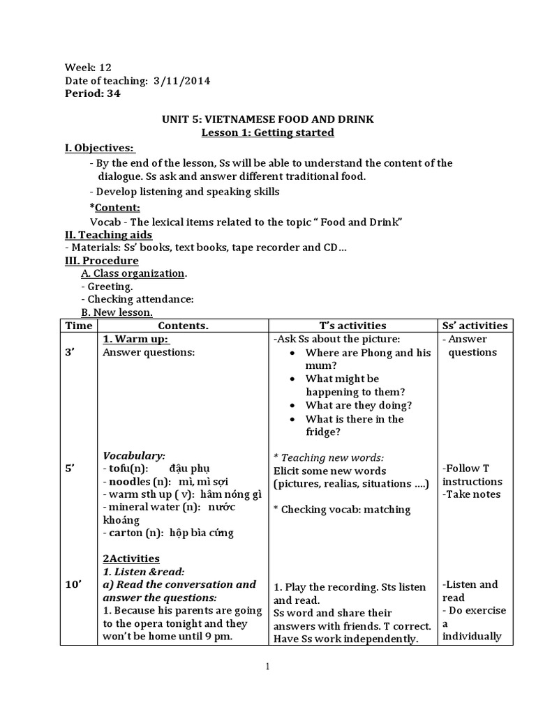 Vietnamese Food and Drink Lesson Plan | PDF | Noun | Vocabulary