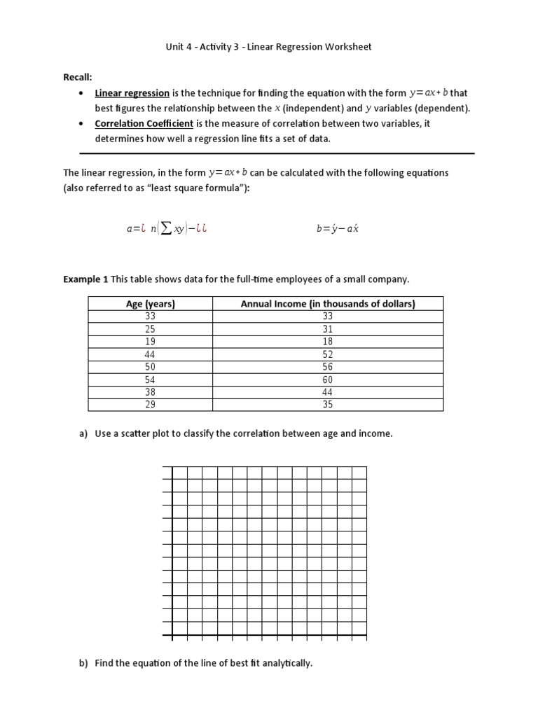 Unit 4 - Activity 3 - Linear Regression Worksheet | PDF