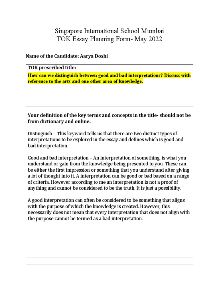 Singapore International School Mumbai TOK Essay Planning Form-May 2022 ...