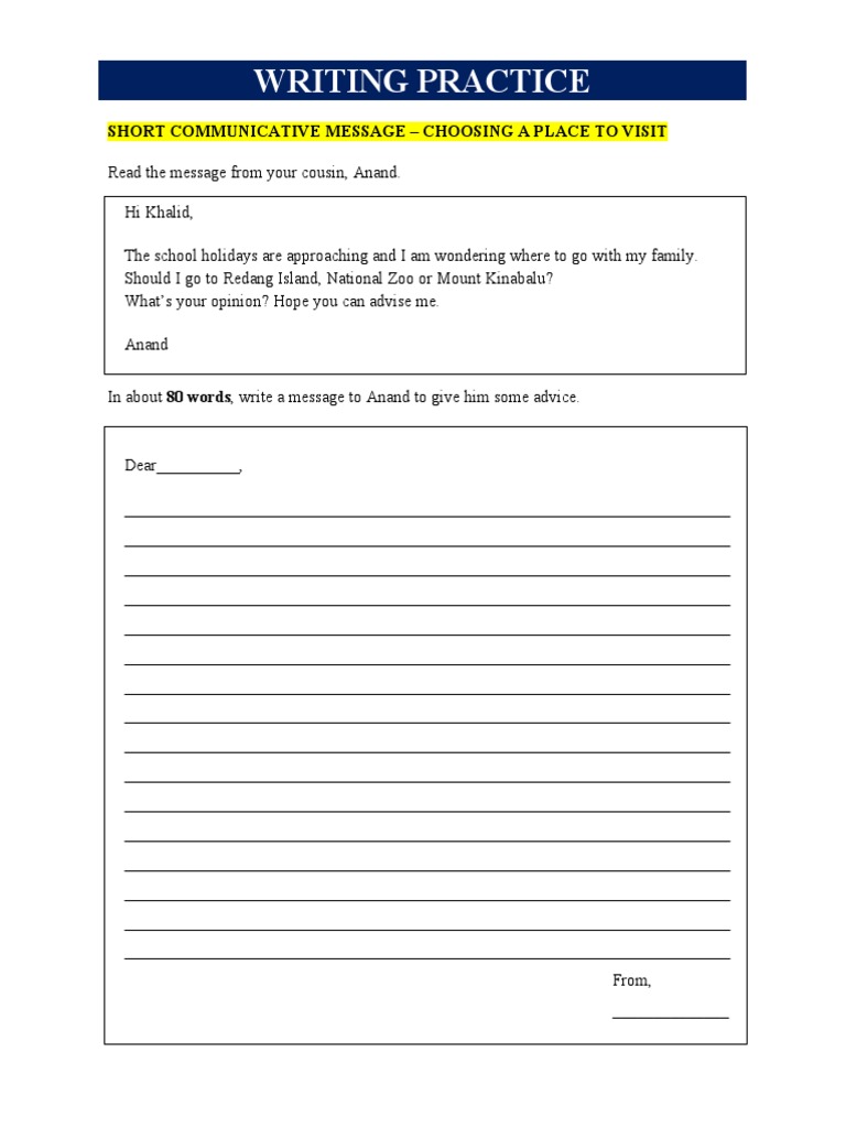 Writing Practice: Short Communicative Message - Choosing A Place To ...
