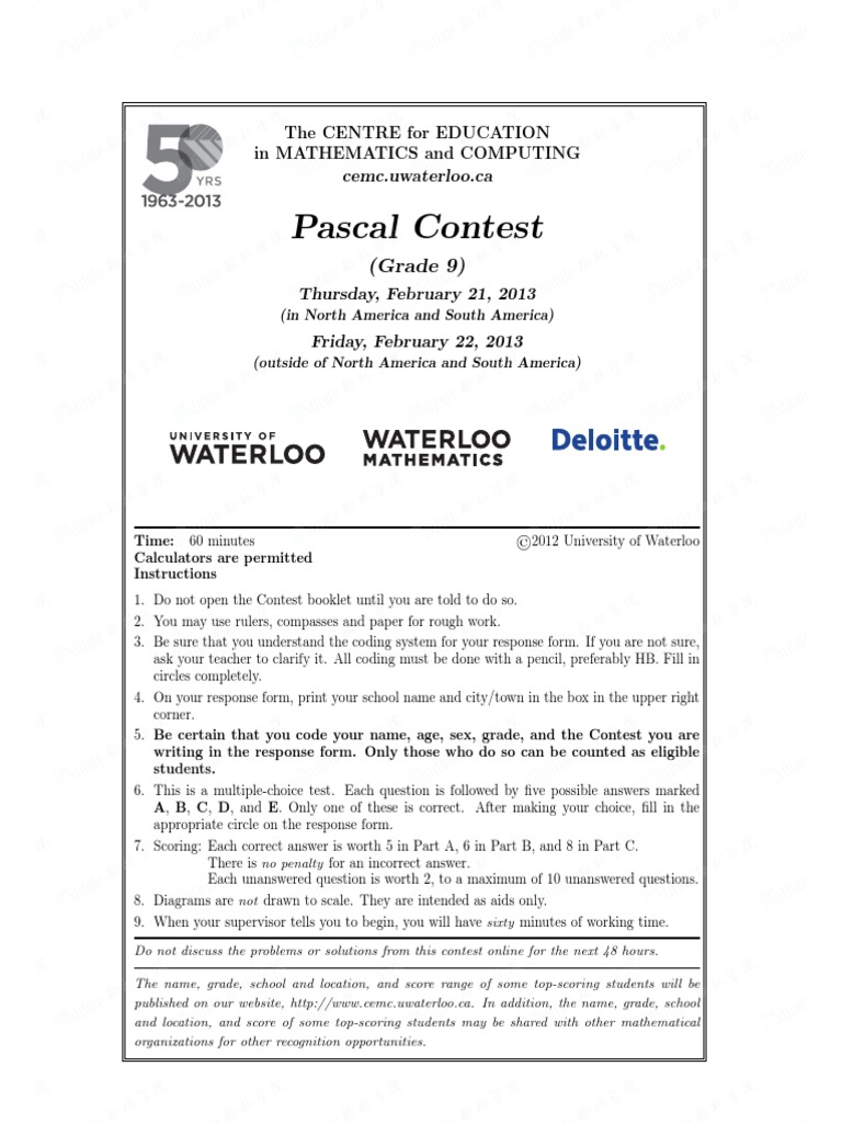 2013 Pascal Contest | PDF | Multiple Choice | Mathematics