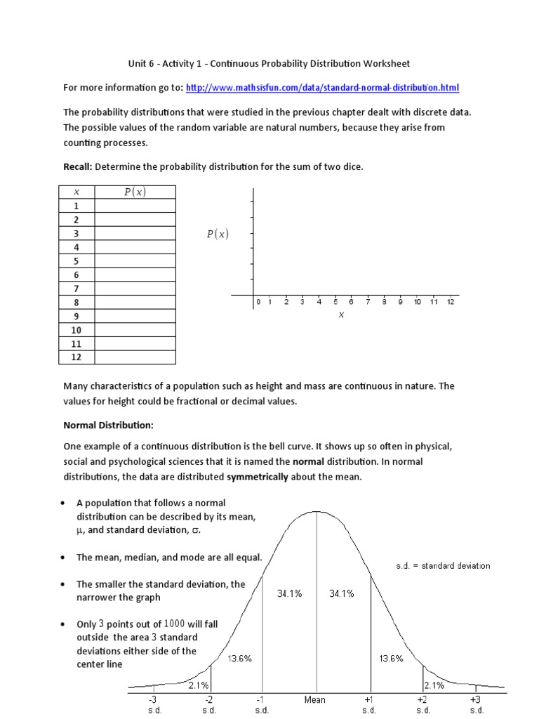 Unit 6 - Activity 1 - Continuous Probability Distribution Worksheet | PDF | Mean | Standard ...