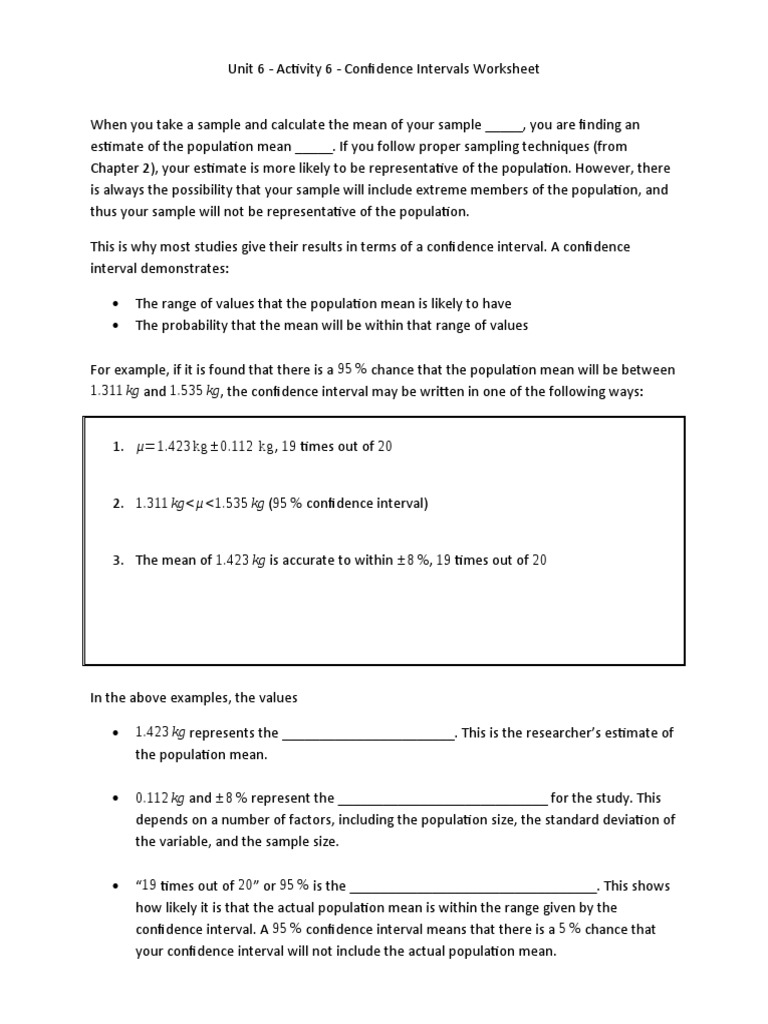 Confidence Intervals Worksheet Guide | PDF | Confidence Interval | Mean