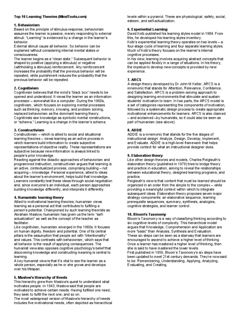 Top 10 Learning Theories Explained | PDF | Learning | Constructivism ...